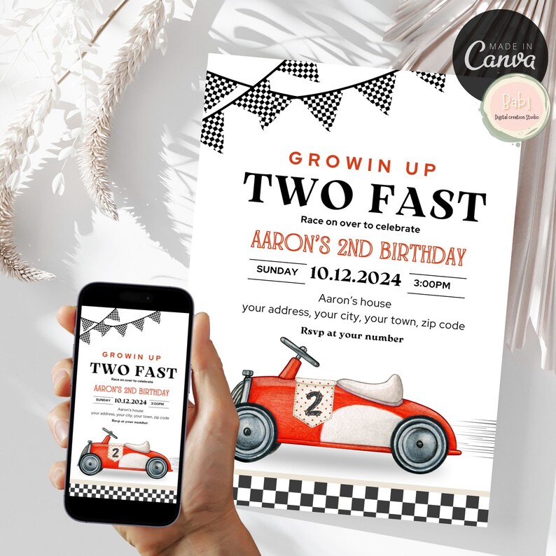 Growing up Two Fast Birthday Invitation Editable, Red Race Car Second ...