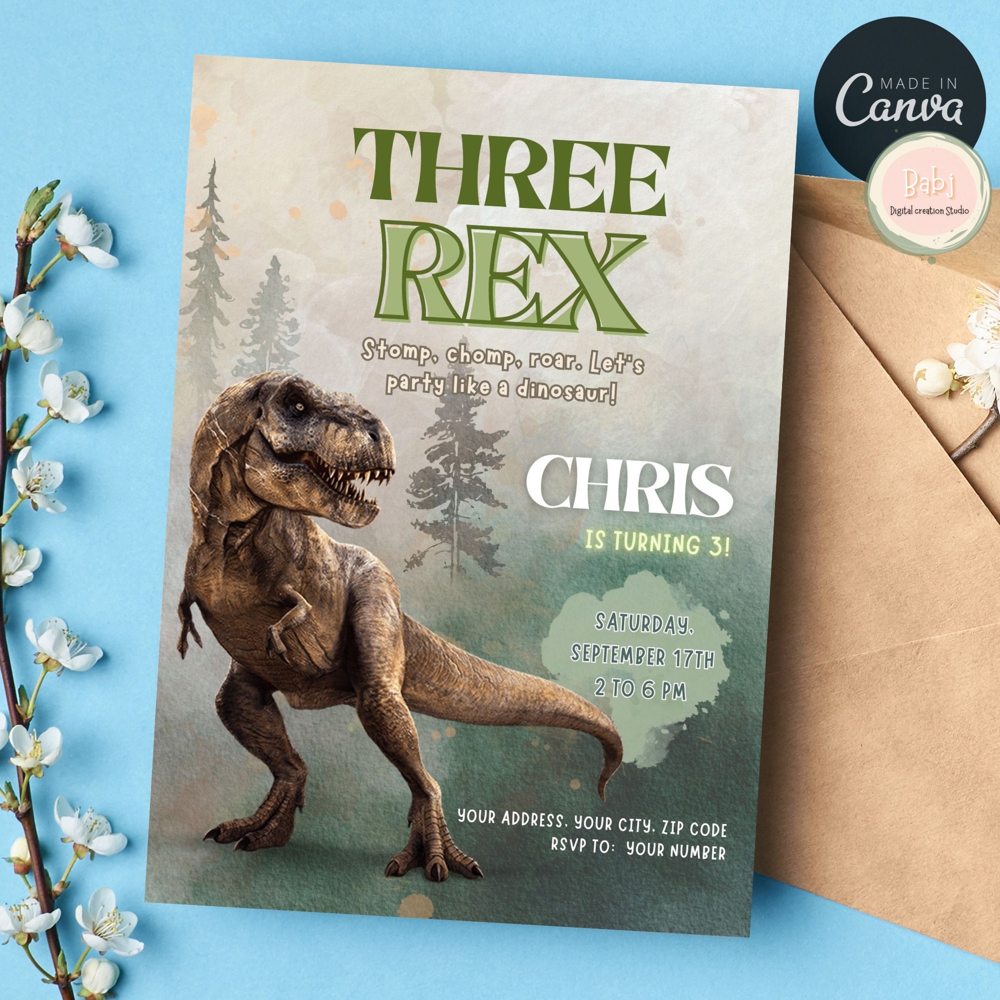 Editable Three Rex Invitation Boy, Dinosaur Birthday Invitation,three ...