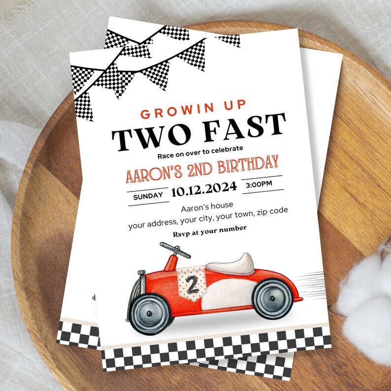 Growing up Two Fast Birthday Invitation Editable, Red Race Car Second ...