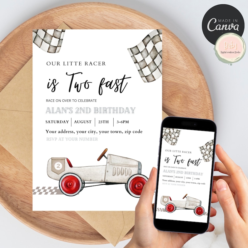 Growing up Two Fast Birthday Invitation Editable, Red Race Car Second ...