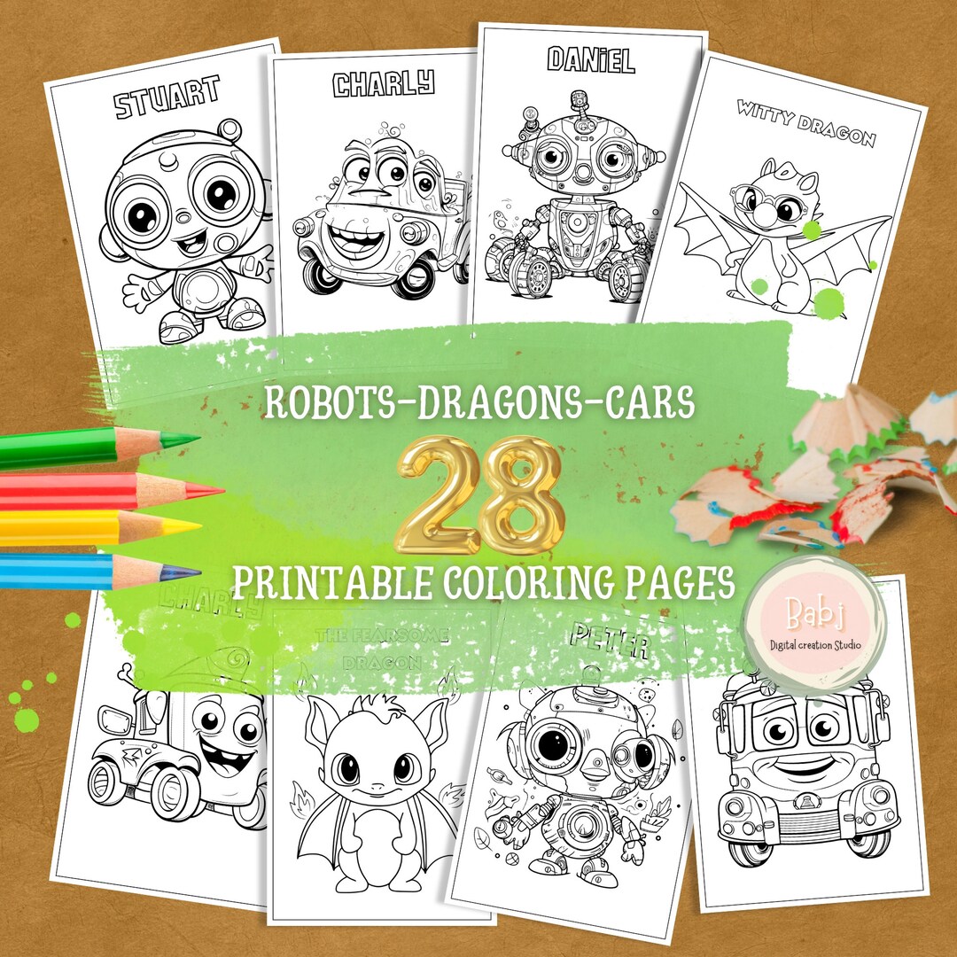 28 Kids Coloring Pages - Dragons - Robots - Cars Coloring Pages Book ...