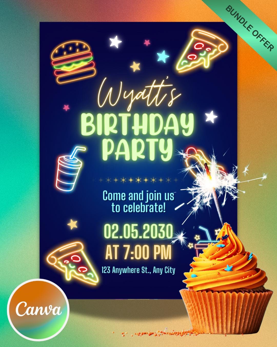 Neon Birthday Party Invitation Bundle | Glow Party Digital Invite ...