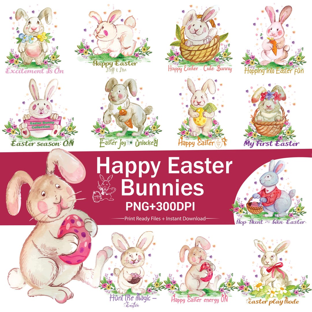 Easter Bunny PNG Clipart Bundle, Rabbit Watercolor Sublimation ...