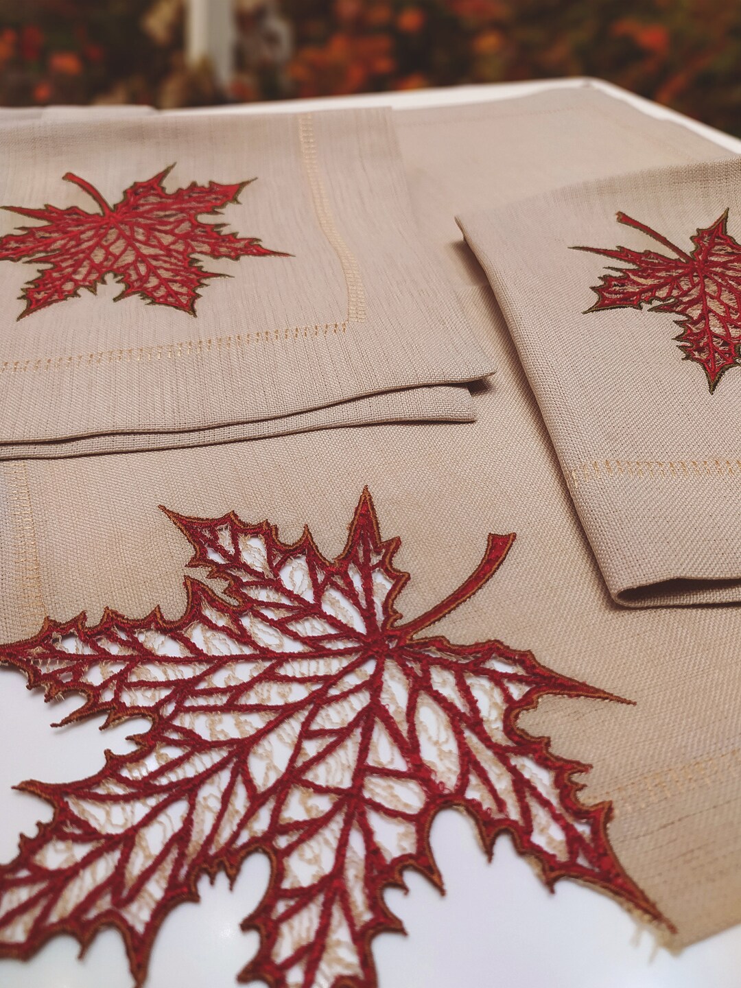 Thanksgiving Embroidered Autumn Leaves Linen Napkin Set - Etsy