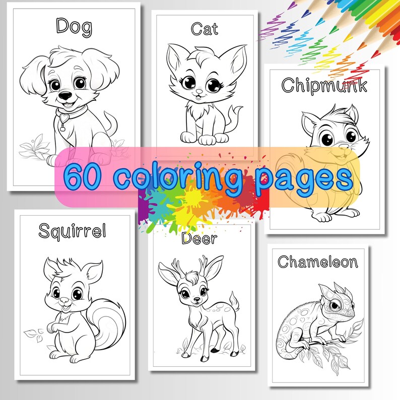 Coloring Book of 60 Cute Animals, Kids, Adults, Coloring Page ...