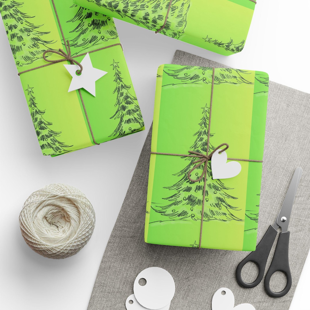 Hand-drawn Fir Tree Christmas Wrapping Paper | Lime Green Gift Wrap ...