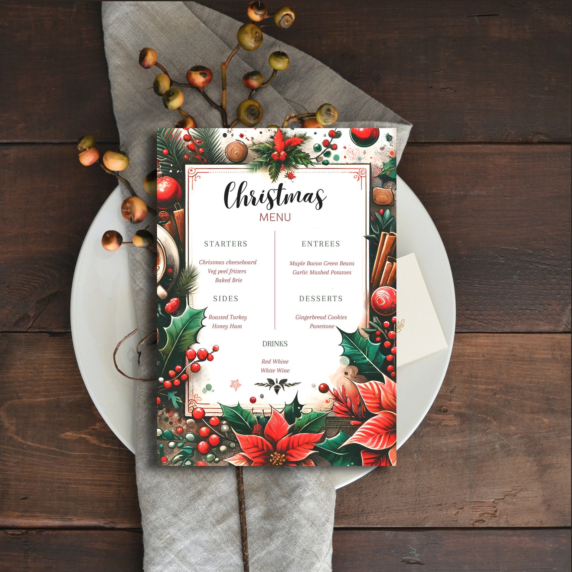 Christmas Menu Template, Dinner Menu Printable, Christmas Menu Card ...