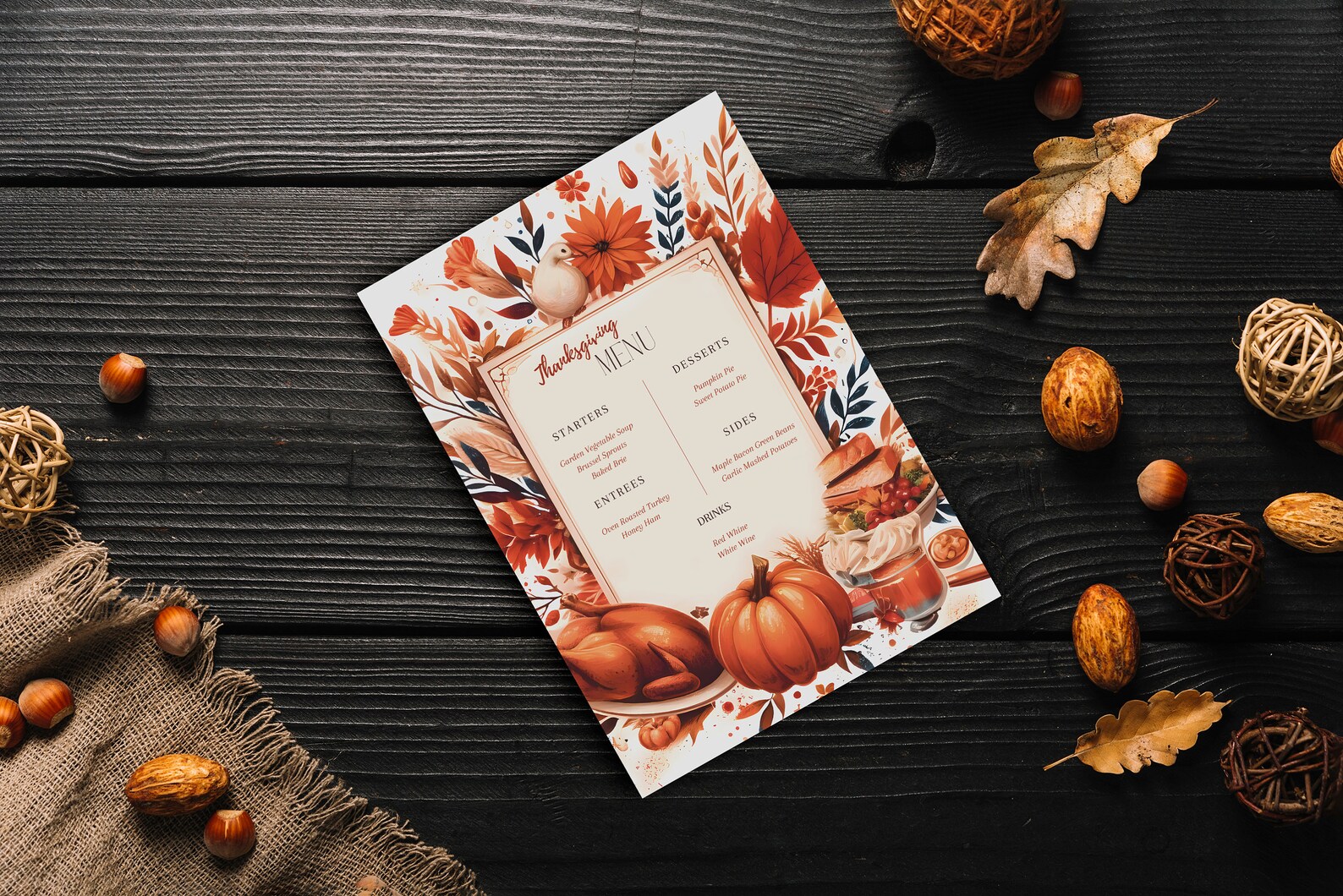 Thanksgiving Menu Template, Dinner Menu Printable, Fall Menu Card ...