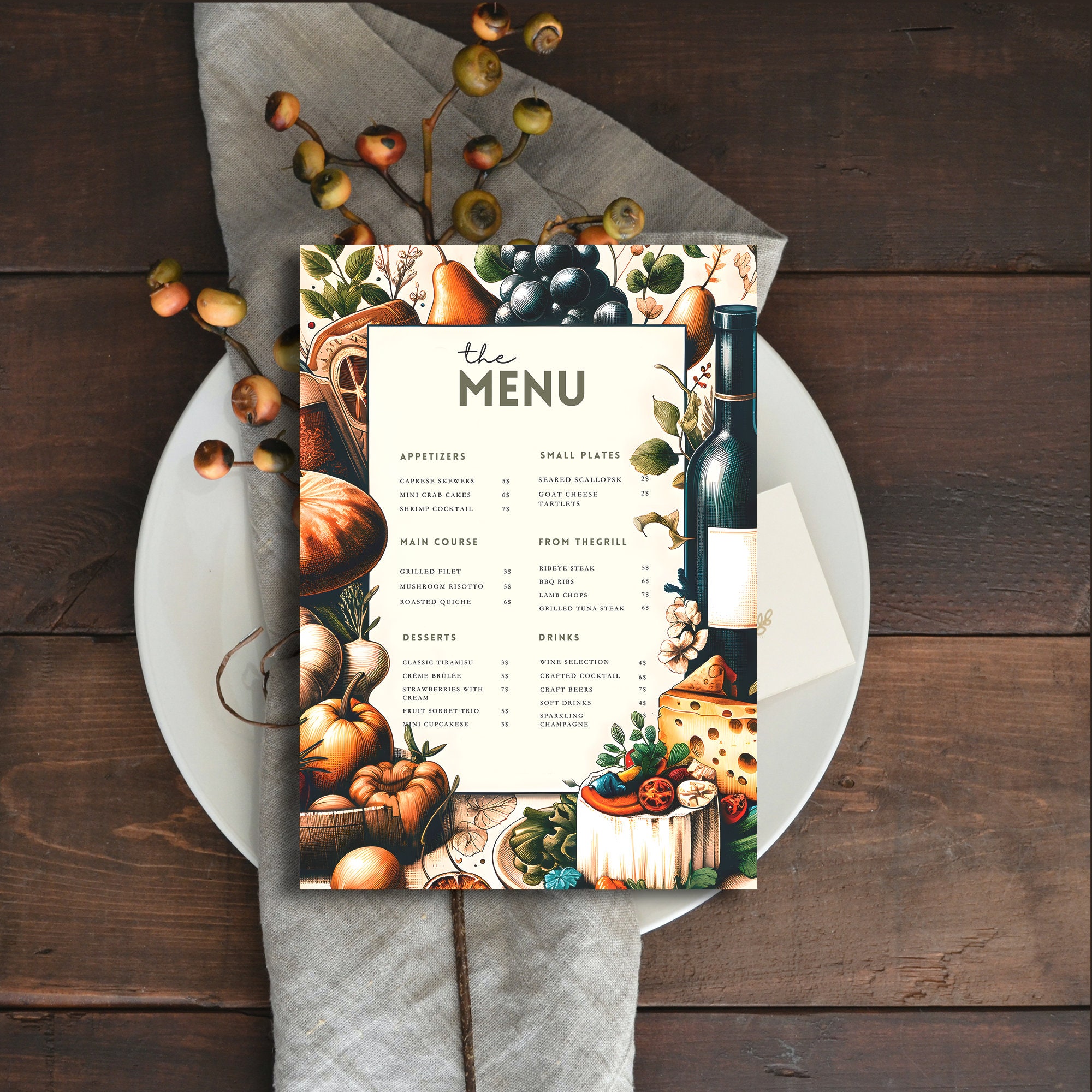 Restaurant Menu Card Template Dinner Menu Printable - Etsy