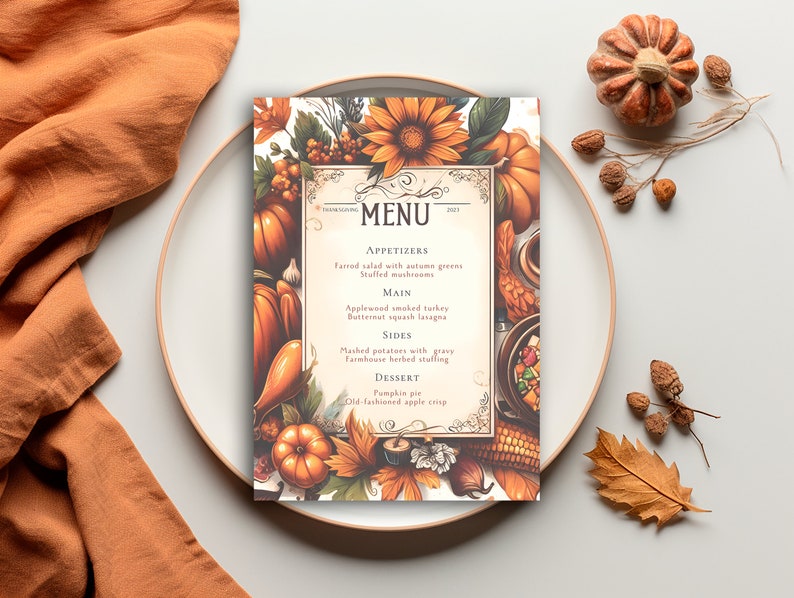 Thanksgiving Menu Template, Dinner Menu Printable, Fall Menu Card ...