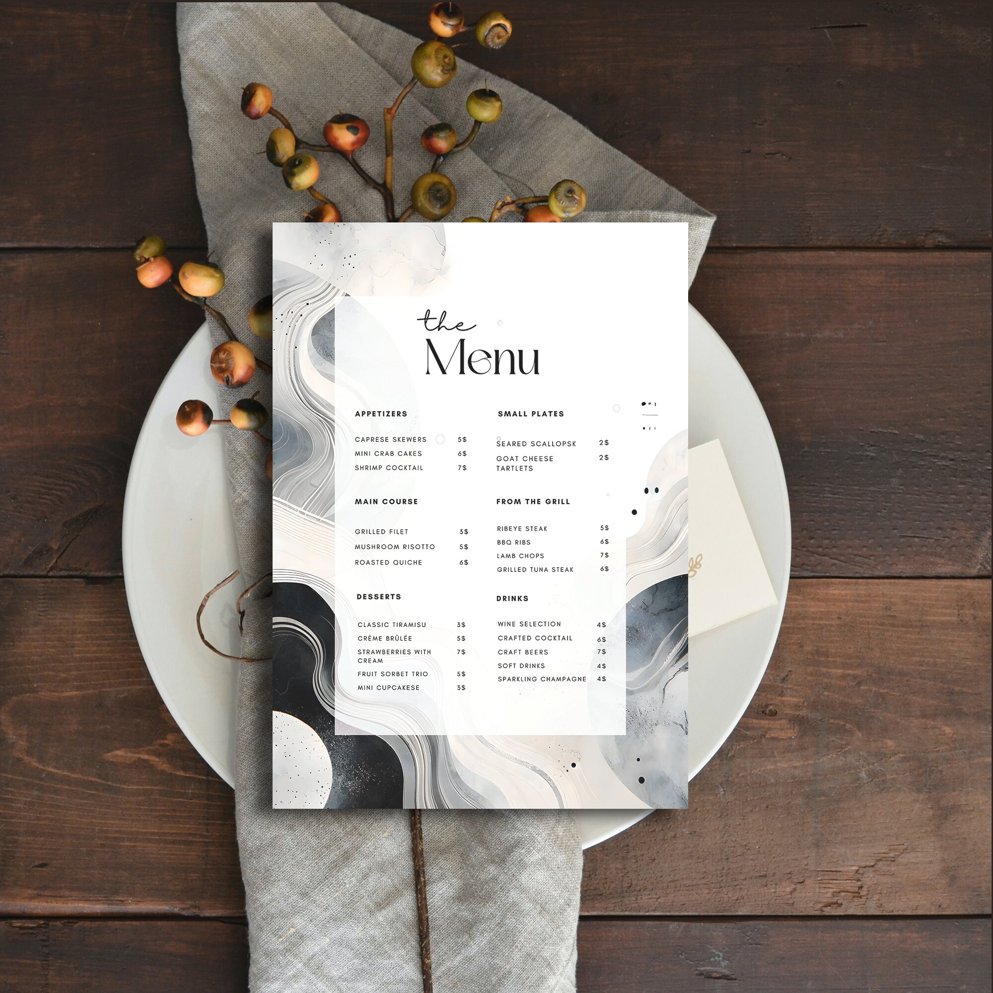 Restaurant Menu Card Template Dinner Menu Printable - Etsy