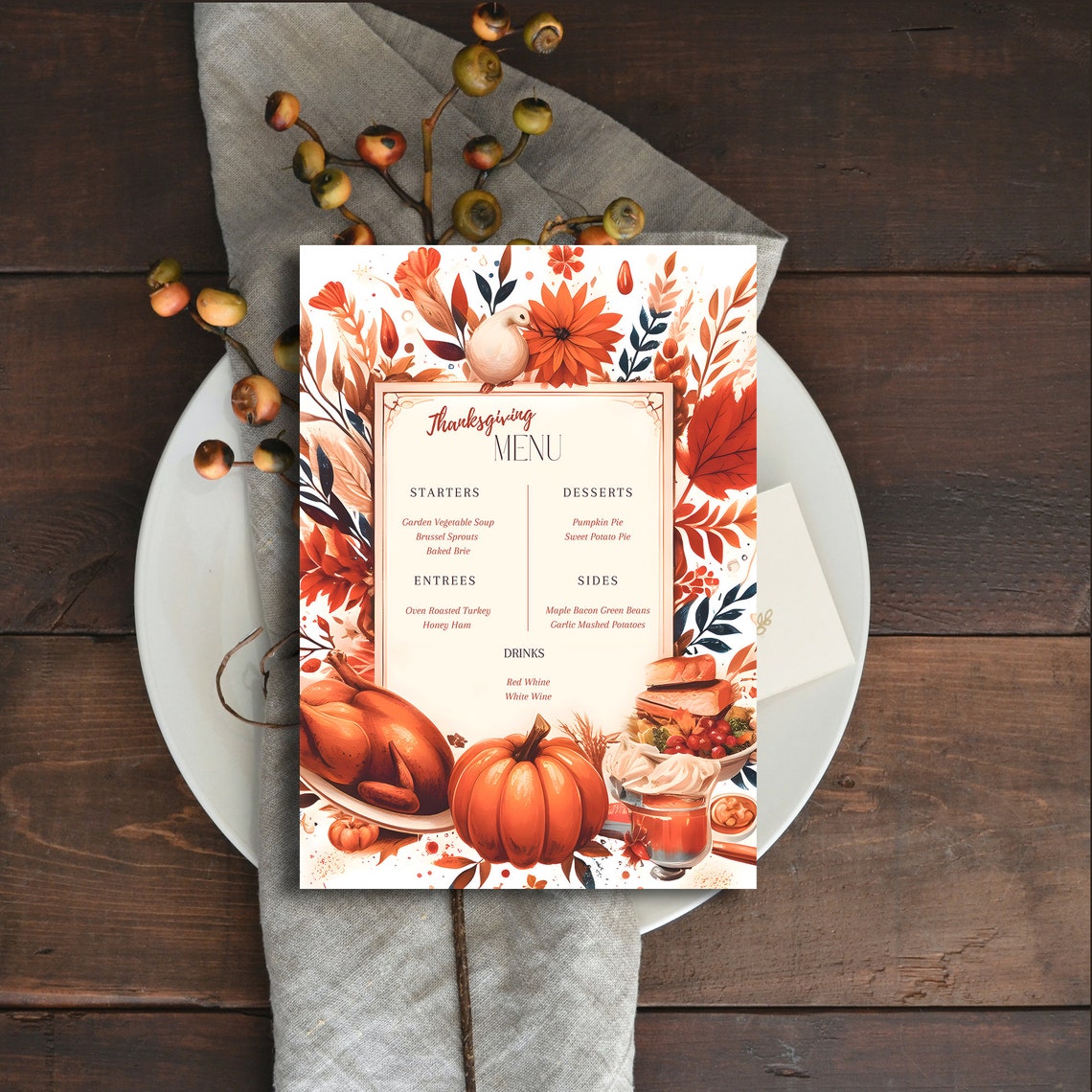 Thanksgiving Menu Template, Dinner Menu Printable, Fall Menu Card ...