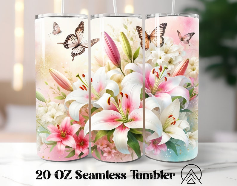 Lily Seamless Tumbler Wrap Spring Tumbler Sublimation Butterfly Flowers ...