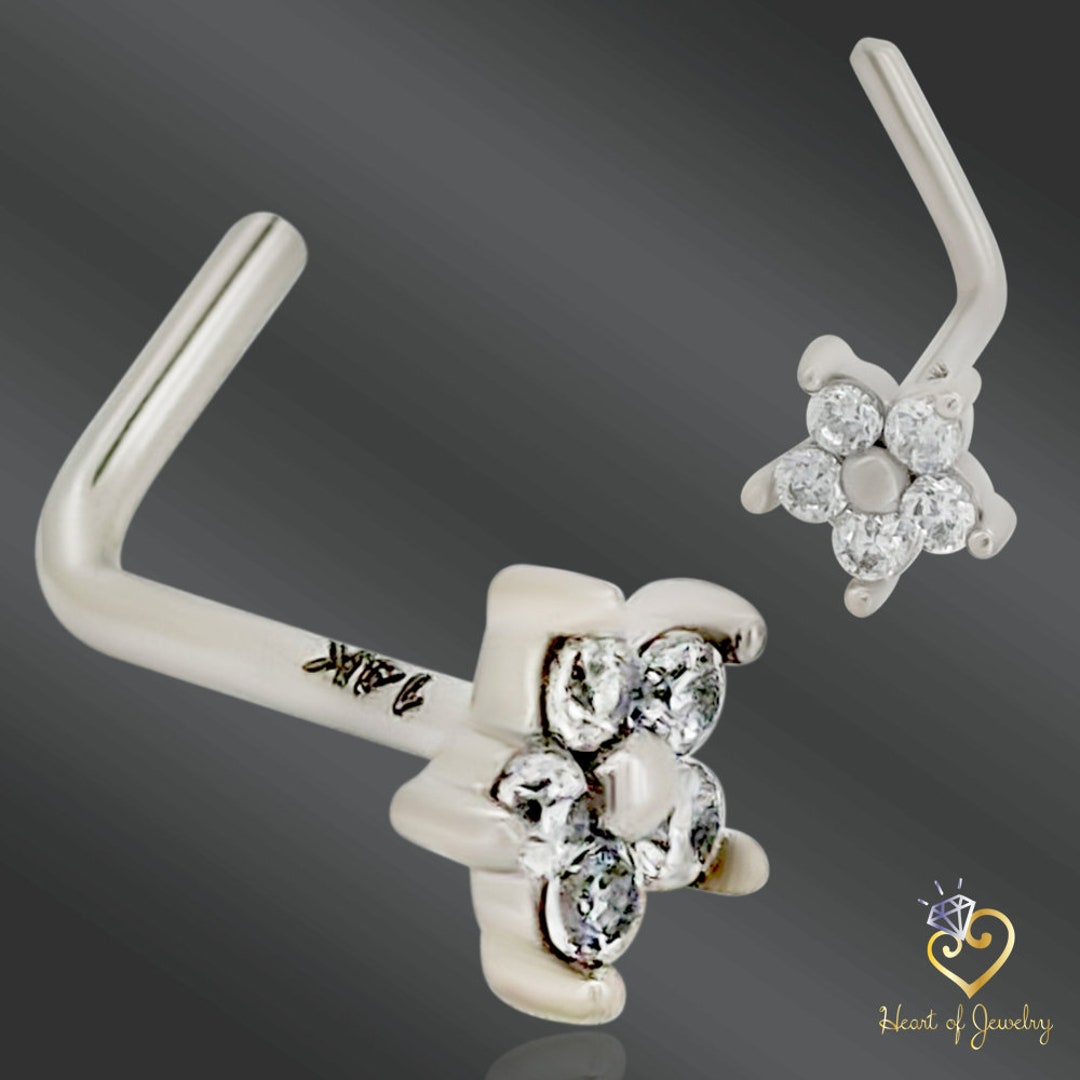 Elegant 14k Solid Gold Flower Nose Ring, L-shape Stud, Floral Nose ...