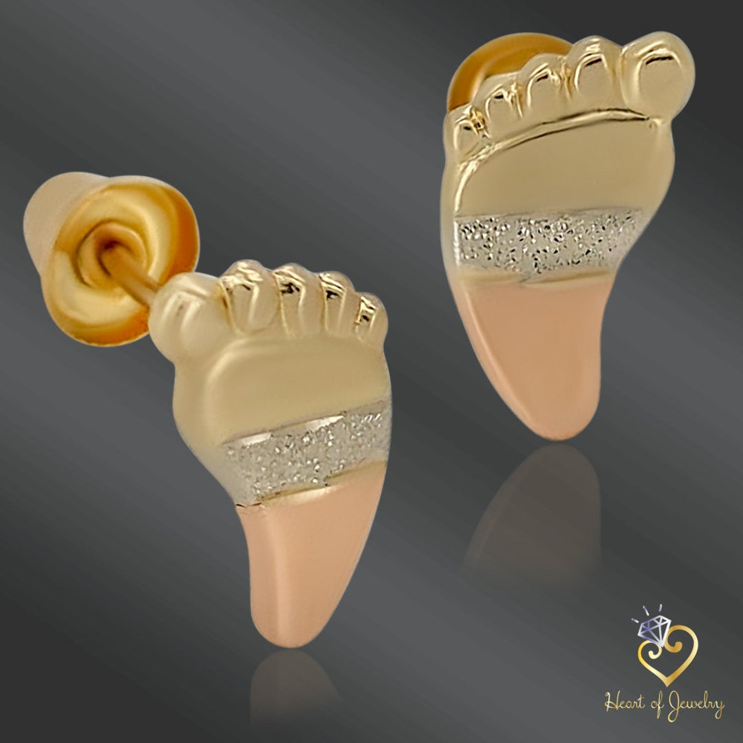 14k Solid Gold Footprint Baby Earring, Screw Backing, Baby Jewelry ...