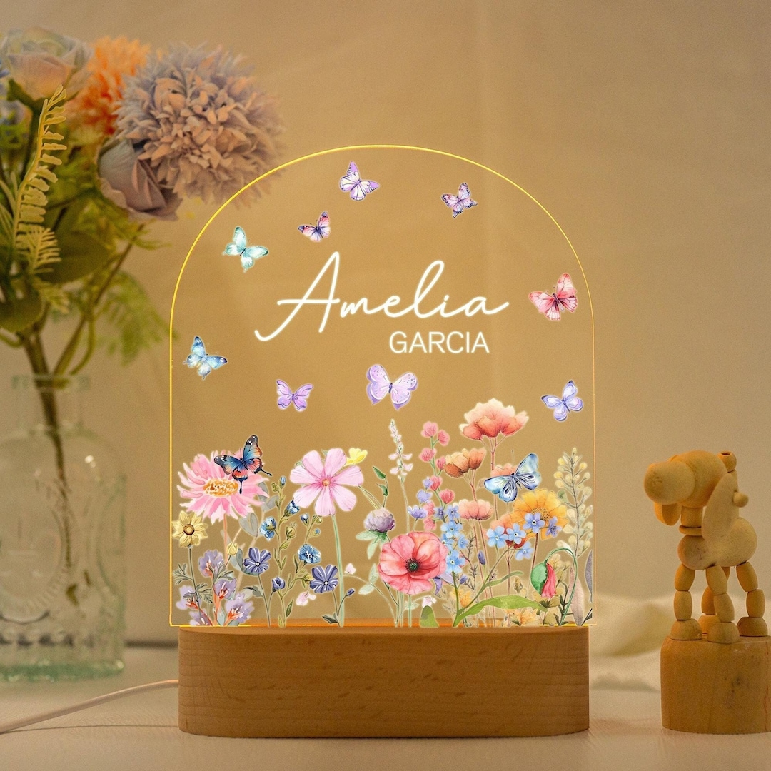 Custom Floral Butterfly Name Night Light,personalized Flower Garden ...