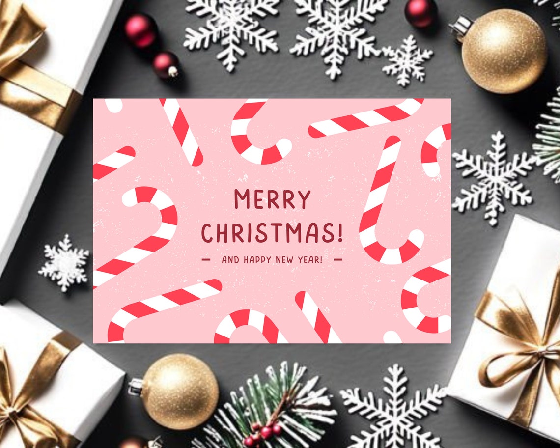 Pink and Red Candy Cane Christmas Cards |custom Christmas Card |candy ...