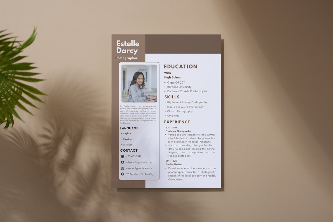 Editable Photographer Resume Template With Photo, Canva Editable ...
