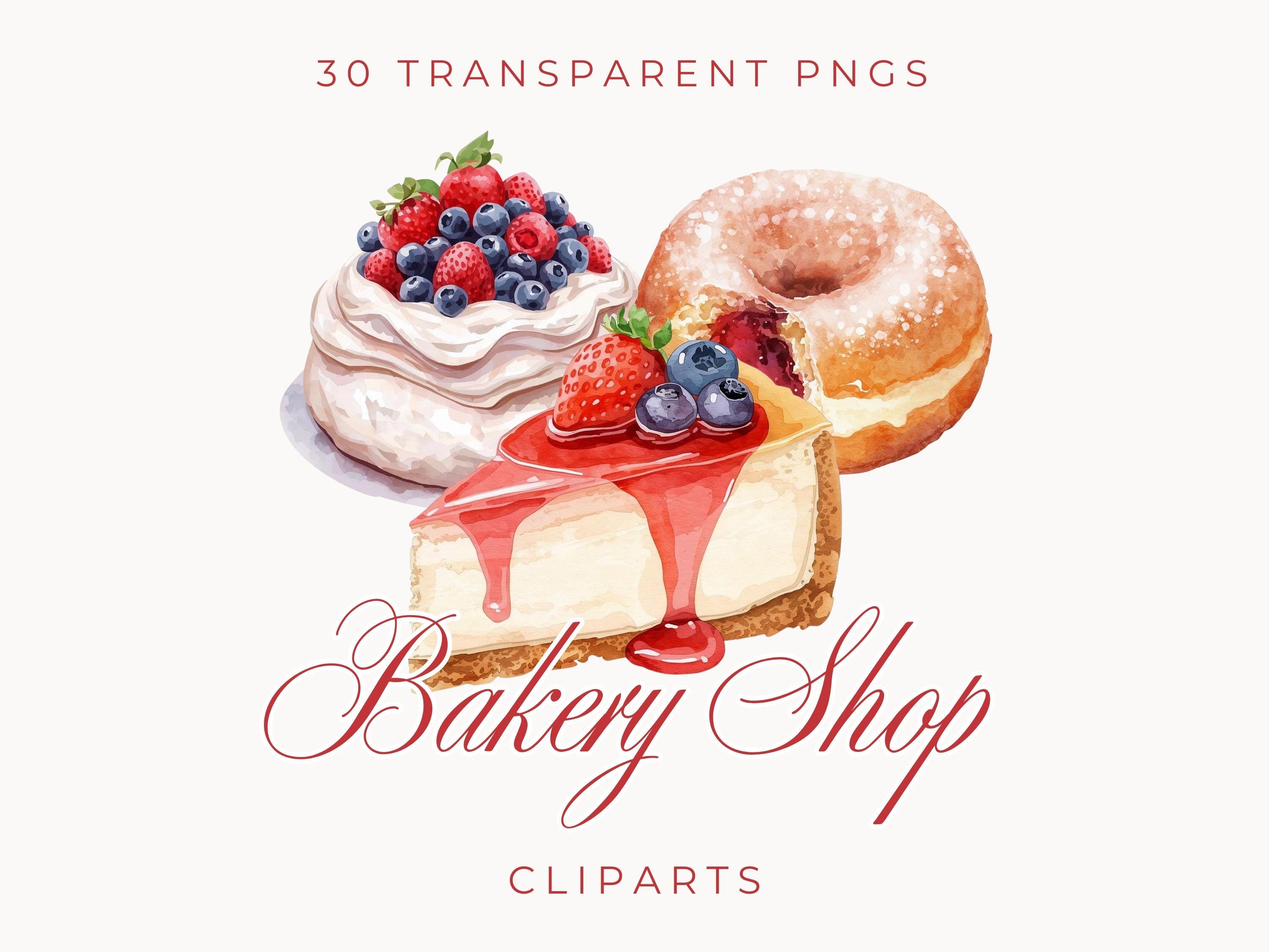 30 Watercolor Bakery Shop Clipart Set - Donuts, Bread, Croissants ...