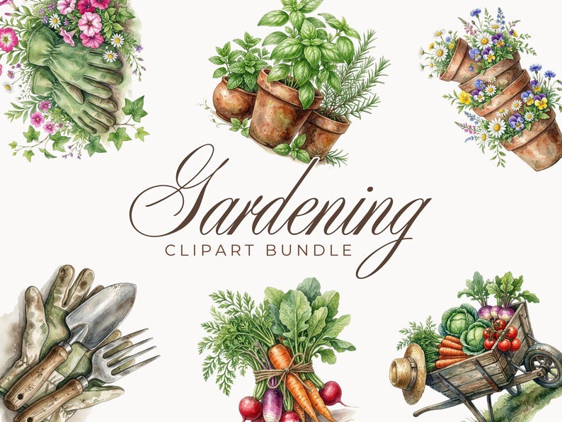 Gardening Watercolor Clipart Bundle - Garden Clipart PNG Set, Garden ...