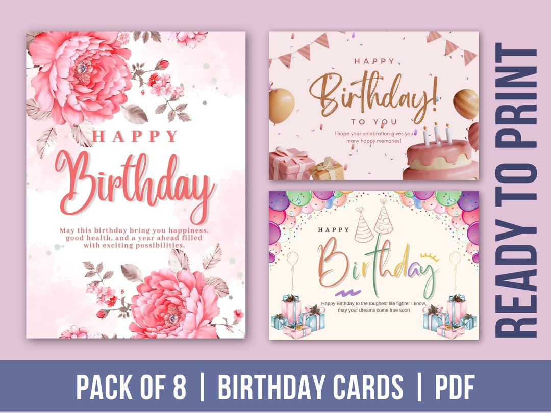 Pack of 8 Happy Birthday Cards PDF Template, Digital Birthday Cards ...