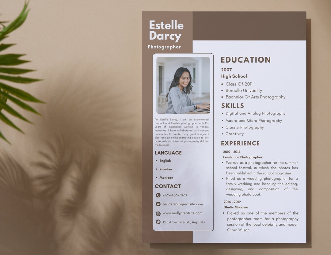 Editable Photographer Resume Template With Photo, Canva Editable ...