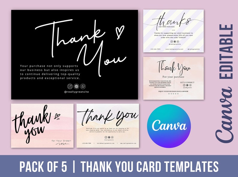 Pack of 5 Editable Thank You Card Templates Canva, Minimalist Printable ...