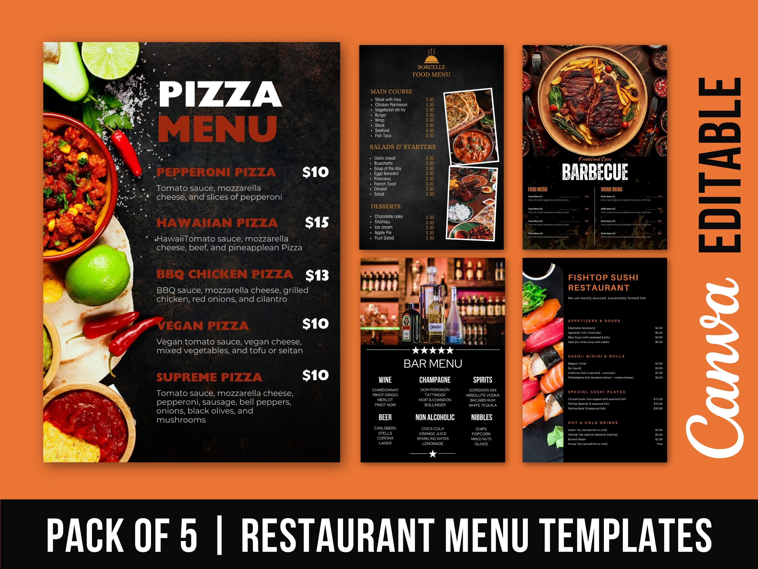 Pack of 5 Editable Restaurant Menu Template, Canva Editable Food Menu ...