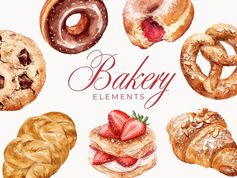 30 Watercolor Bakery Shop Clipart Set - Donuts, Bread, Croissants ...