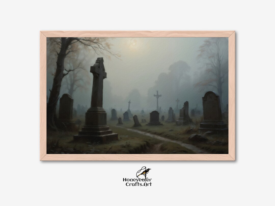 Spooky Halloween Art Print, Creepy Cemetery Macabre Landscape Artwork ...