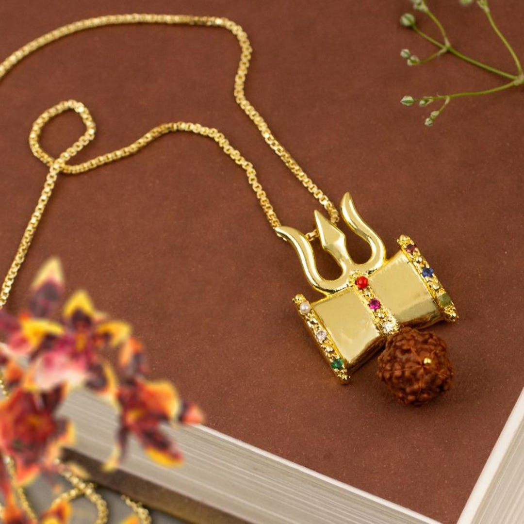 Trishul and Rudraksha Pendant With Navratana Stones and Chain - Etsy