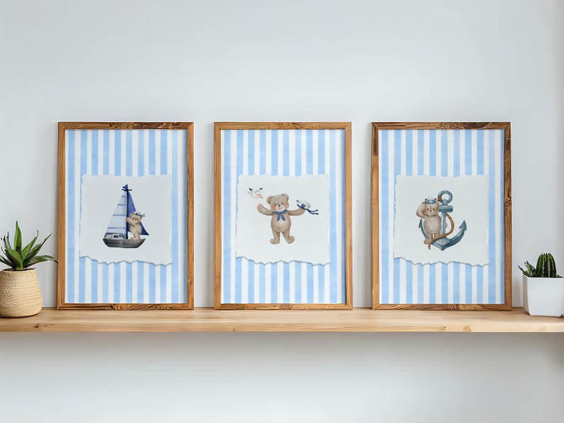 Set of 3 Nautical Teddy Bear Digital Prints - Baby Boy Nursery Wall Art ...