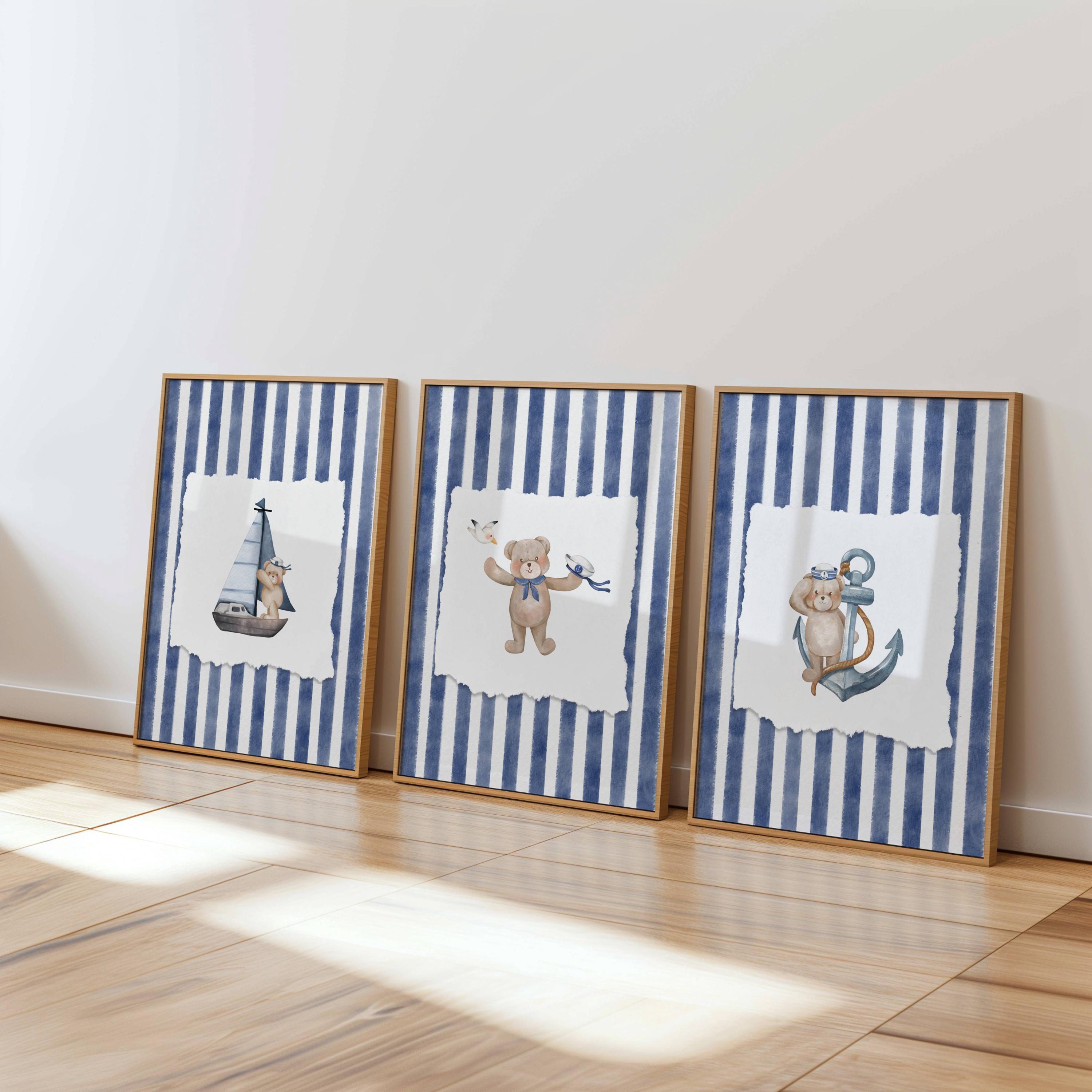 Set of 3 Navy Blue Nautical Teddy Bear Digital Prints - Baby Boy ...