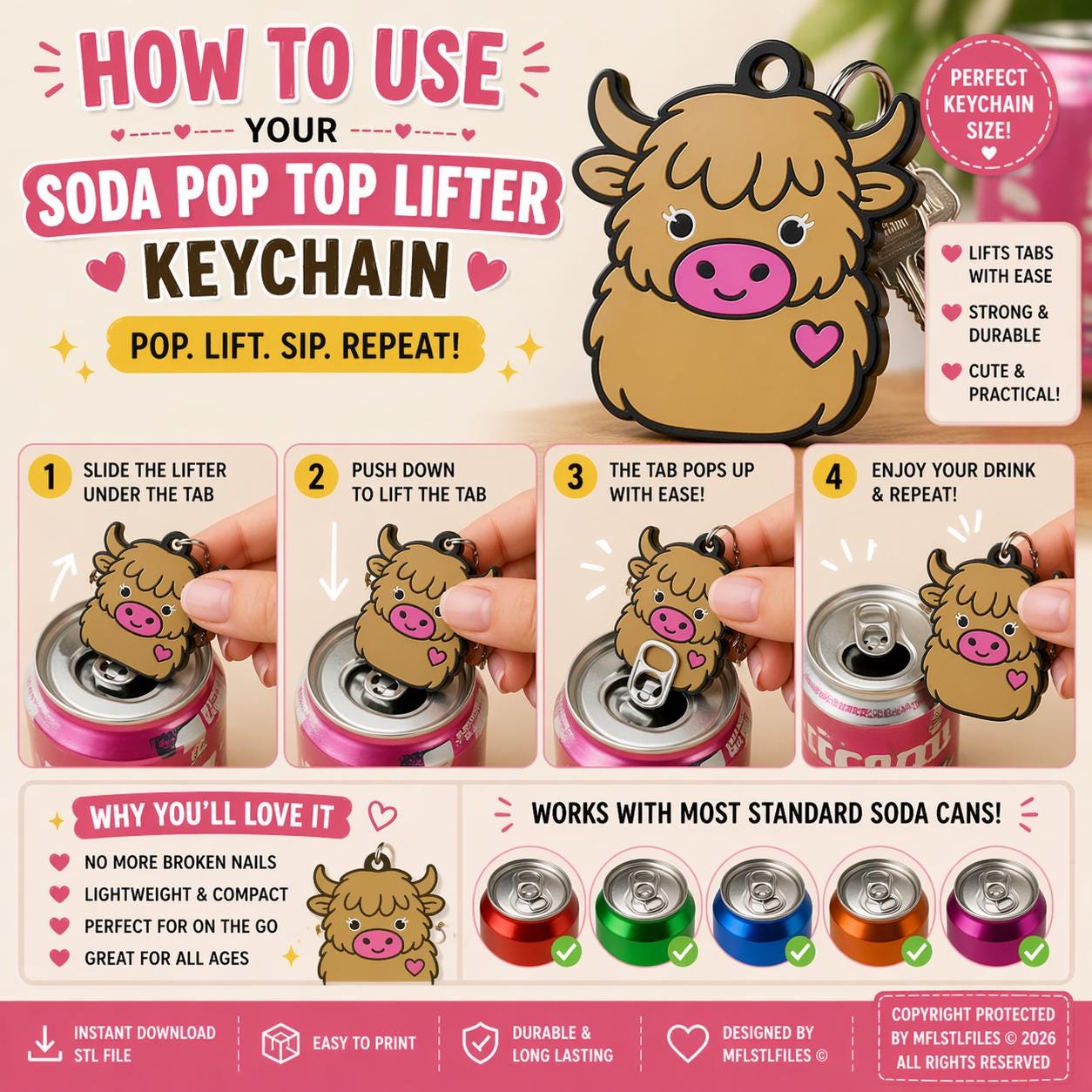 Soda Pop Top Lifter Keychain STL | Cute Cow Can Tab Opener | No Nail ...