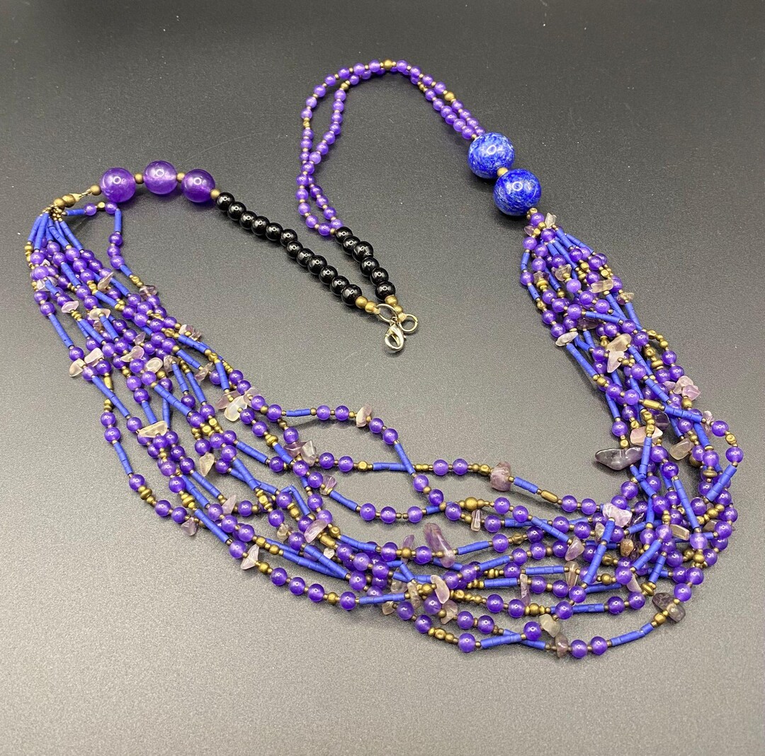 Amethyst Lapis Multi-strand Necklace | Boho Beaded Statement Jewelry - Etsy