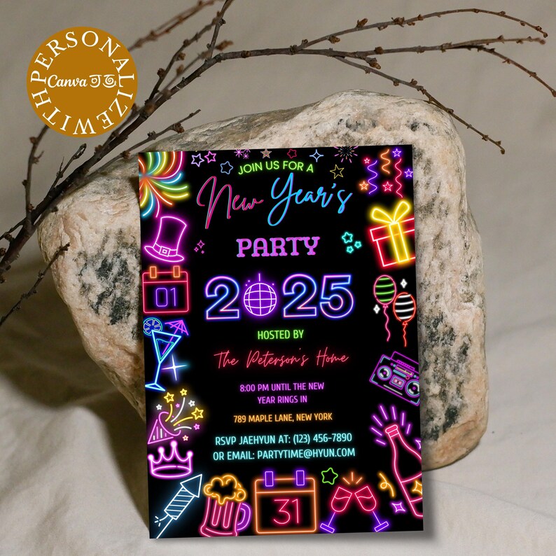 Editable Neon New Year's Eve Party Invitation, Glow Disco Ball ...