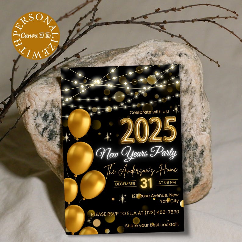 2025 New Year Party Invitation Template Gold Balloons, Editable NYE ...