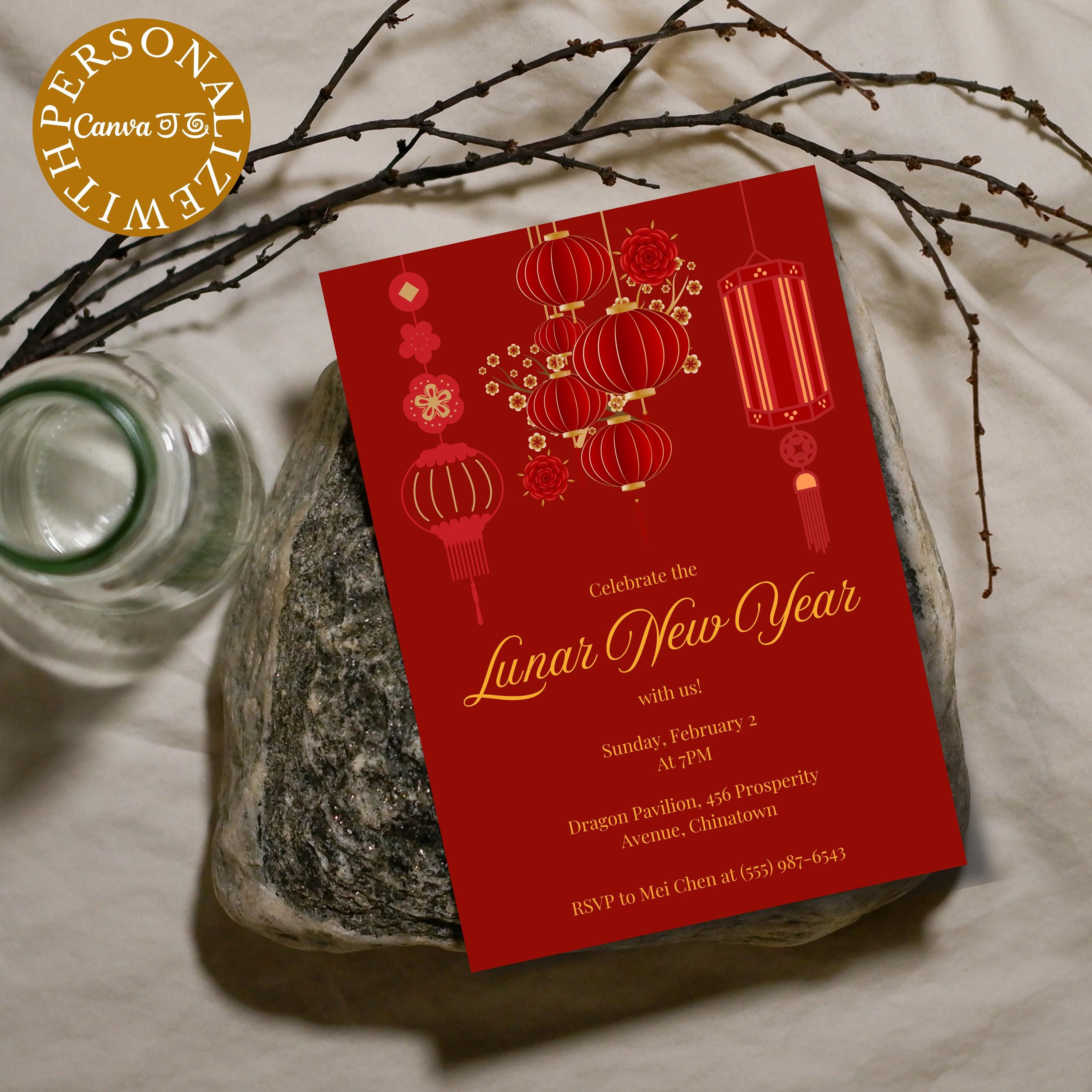 Chinese New Year Invitation Template, Red and Gold Lunar New Year ...