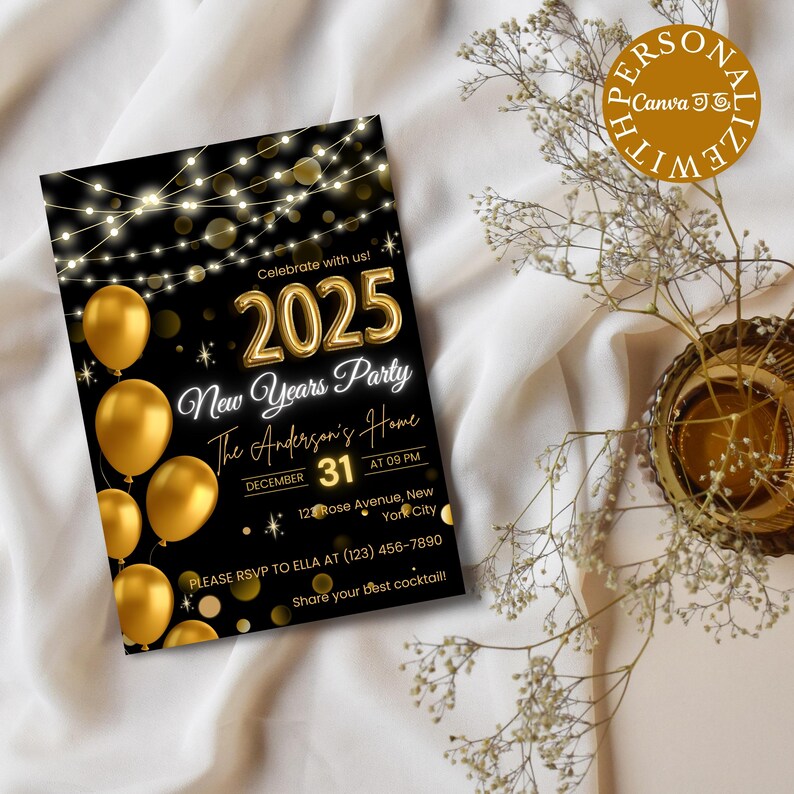 2025 New Year Party Invitation Template Gold Balloons, Editable NYE ...