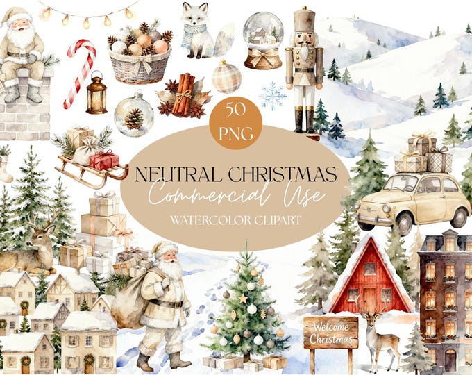 Watercolor Farmhouse Christmas Clipart: Rustic Winter PNG (digital ...