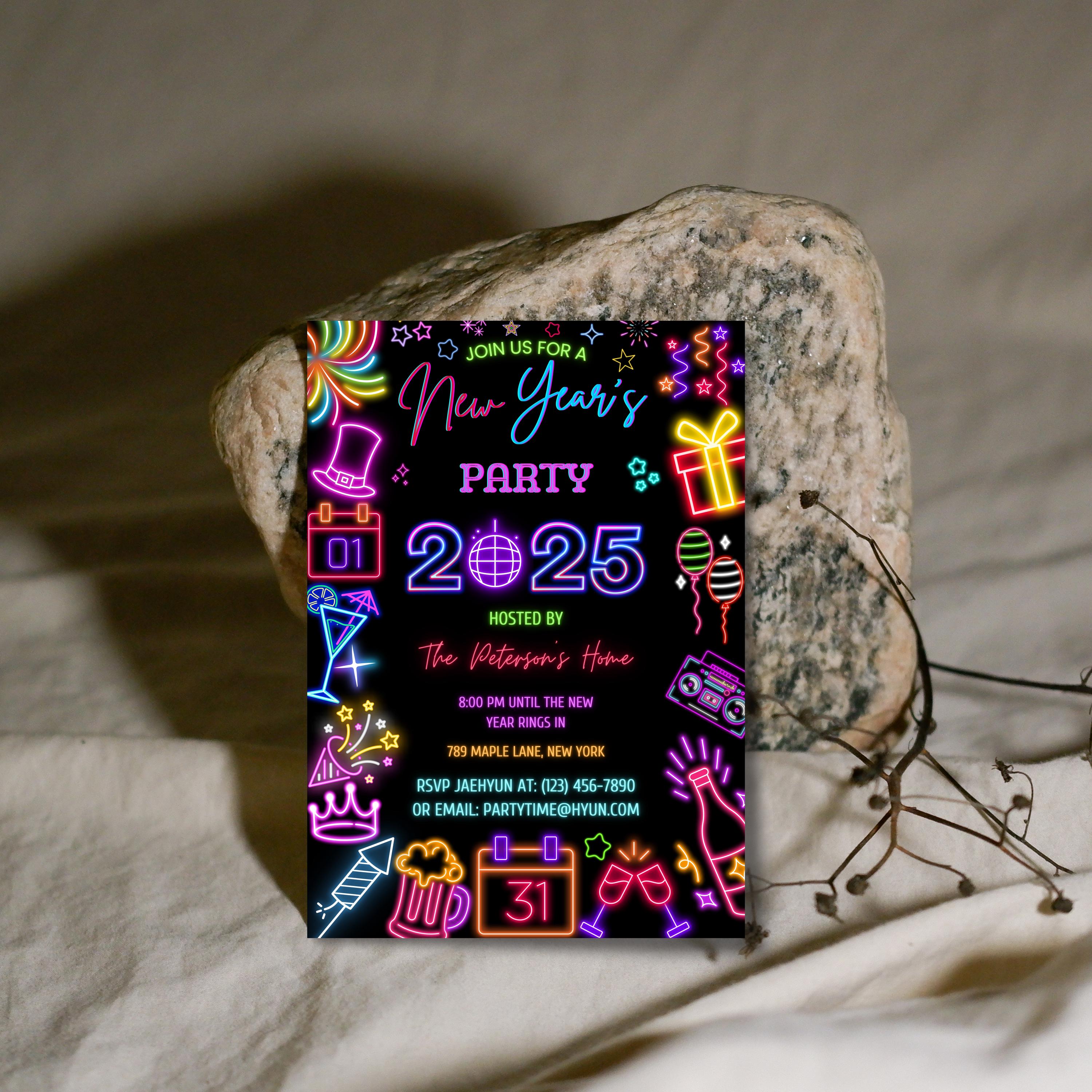 Editable Neon New Year's Eve Party Invitation, Glow Disco Ball ...