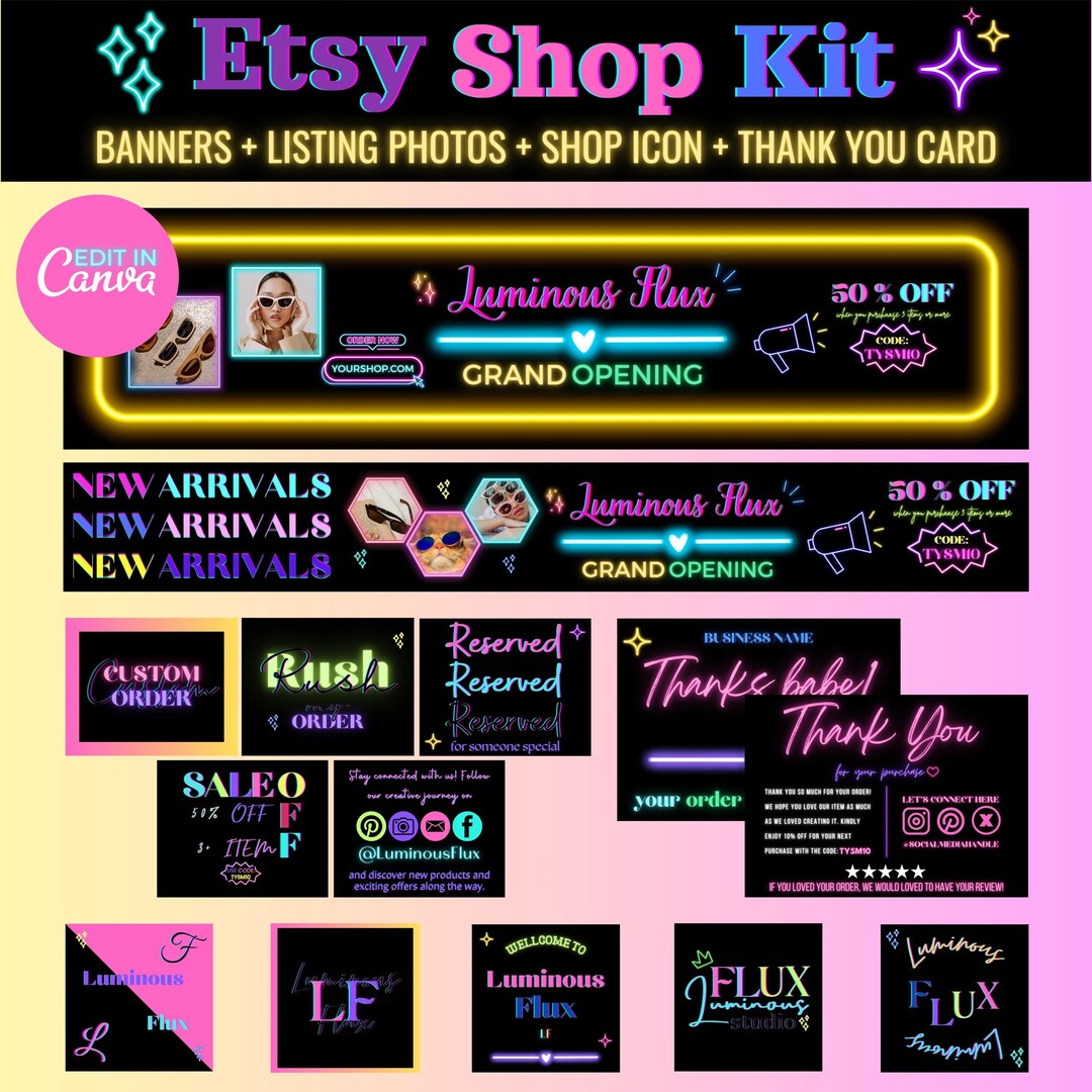 Neon Light Etsy Branding Kit, Glowing Canva Etsy Shop Templates ...