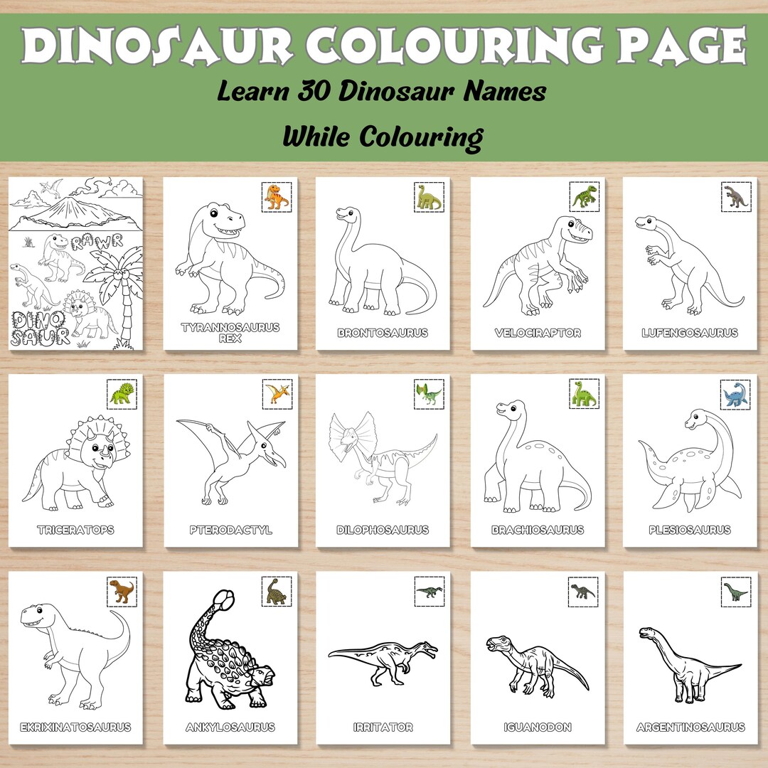 30 Dinosaur Coloring Pages, Learn Dinosaur Names, Kids Coloring Page ...
