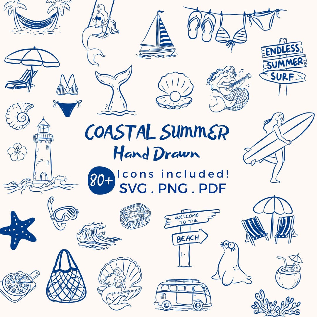 Coastal Summer SVG Bundle, Hand Drawn Coastal Icons, Ocean Elements for ...