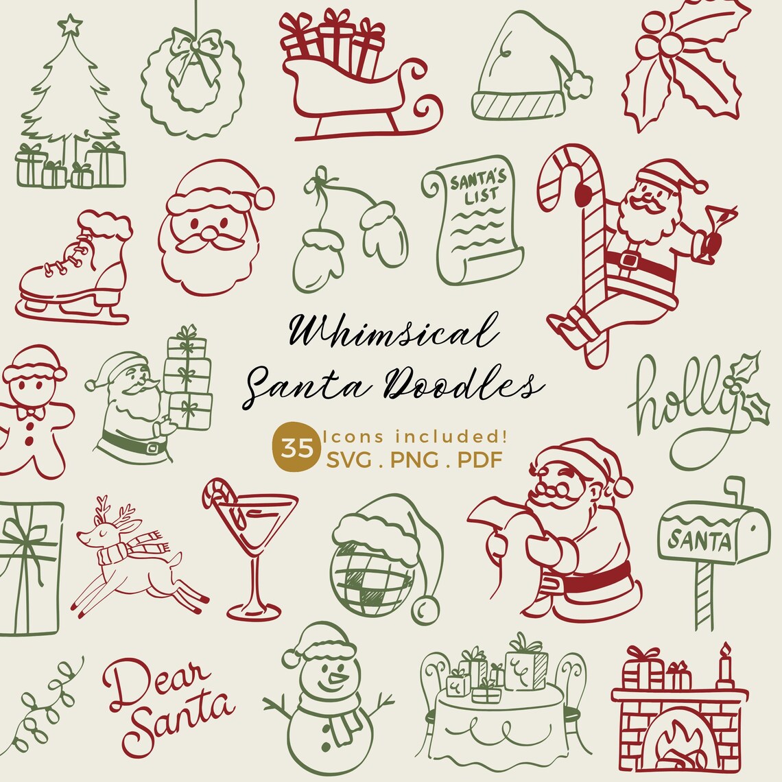 Whimsical Santa Doodles SVG, Hand Drawn Christmas PNG, Cute Santa ...