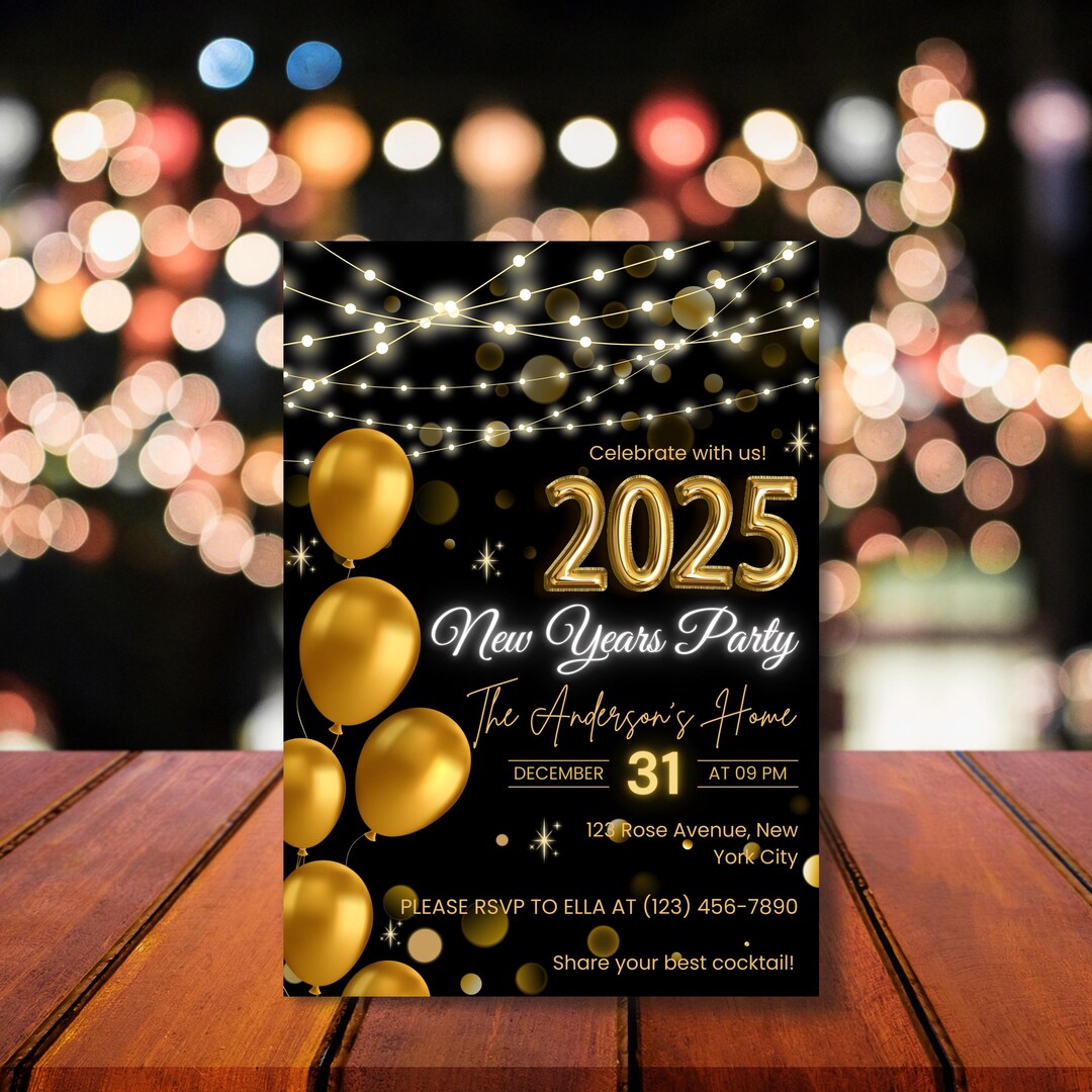 2025 New Year Party Invitation Template Gold Balloons, Editable NYE ...