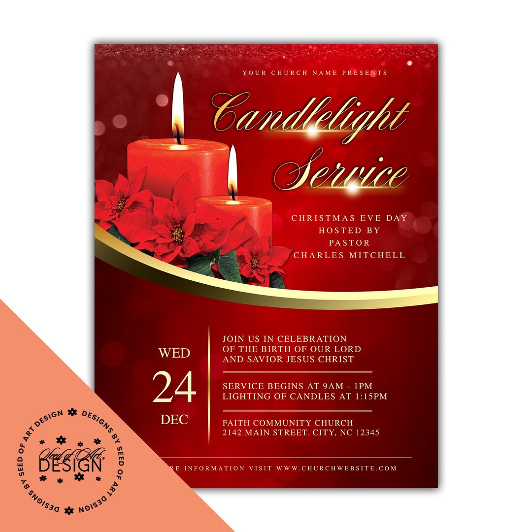Christmas Eve Candlelight Service: Poinsettia Floral, Red & Gold Church ...