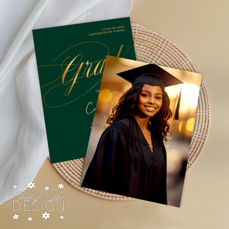 EDITABLE Minimal Emerald Green & Gold Grad Calligraphy Photo 5x7 ...
