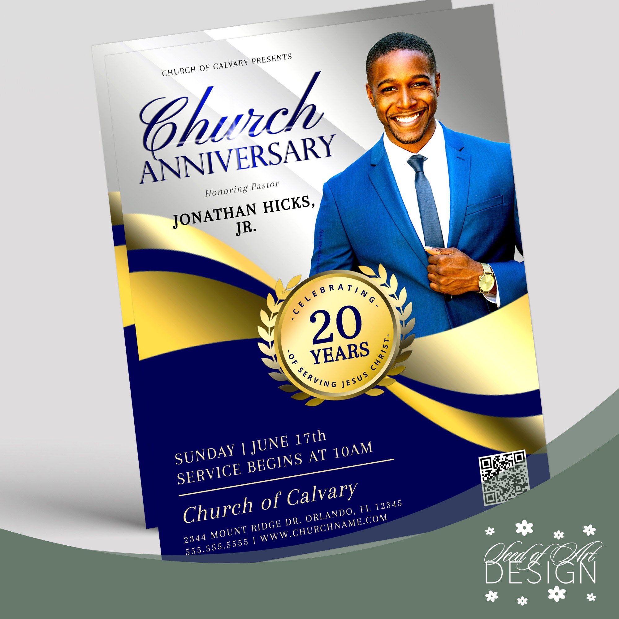 Church Anniversary Flyer: Blue & Gold Celebration Template (8.5x11 ...