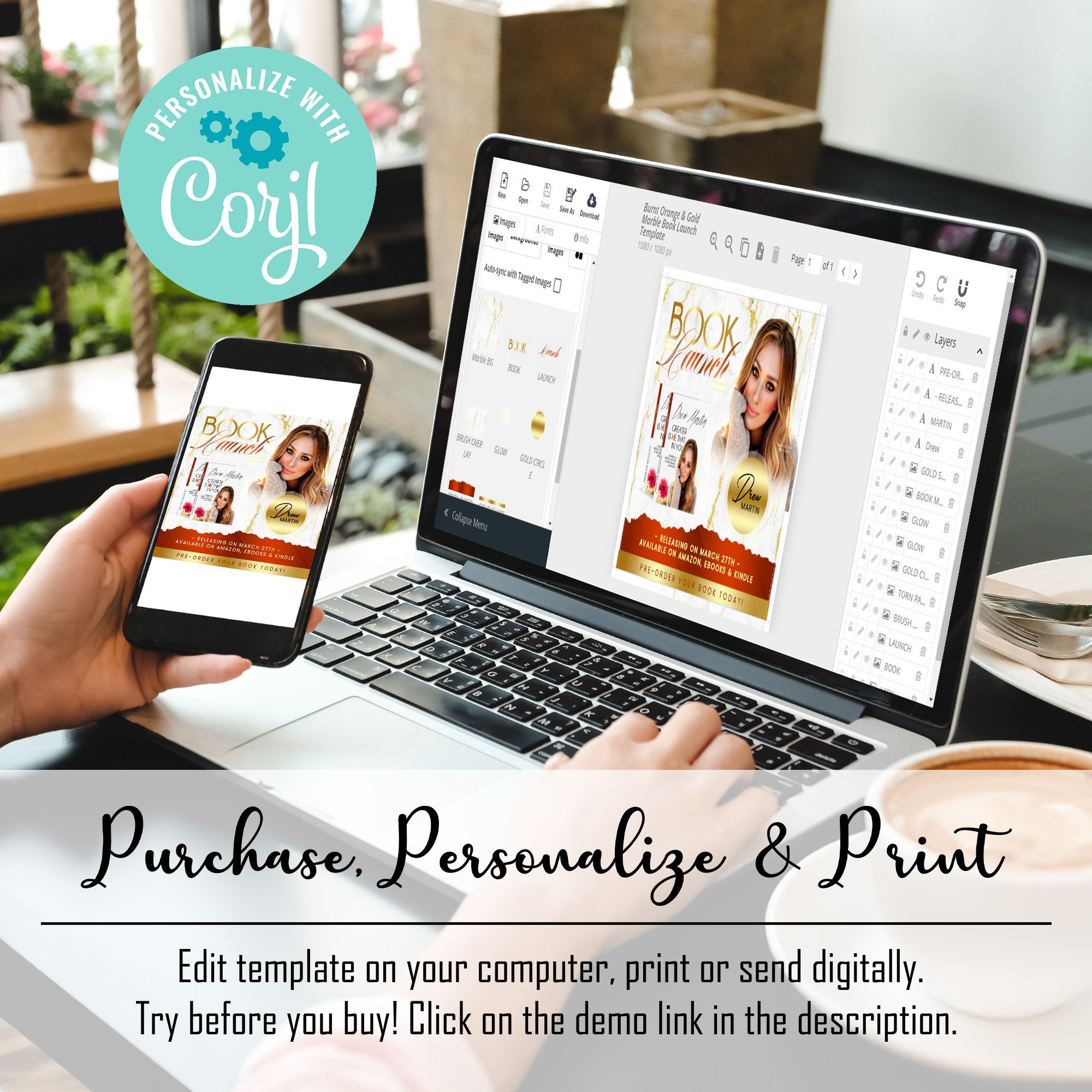 EDITABLE Burnt Orange & Gold Marble Book Launch Release Marketing ...
